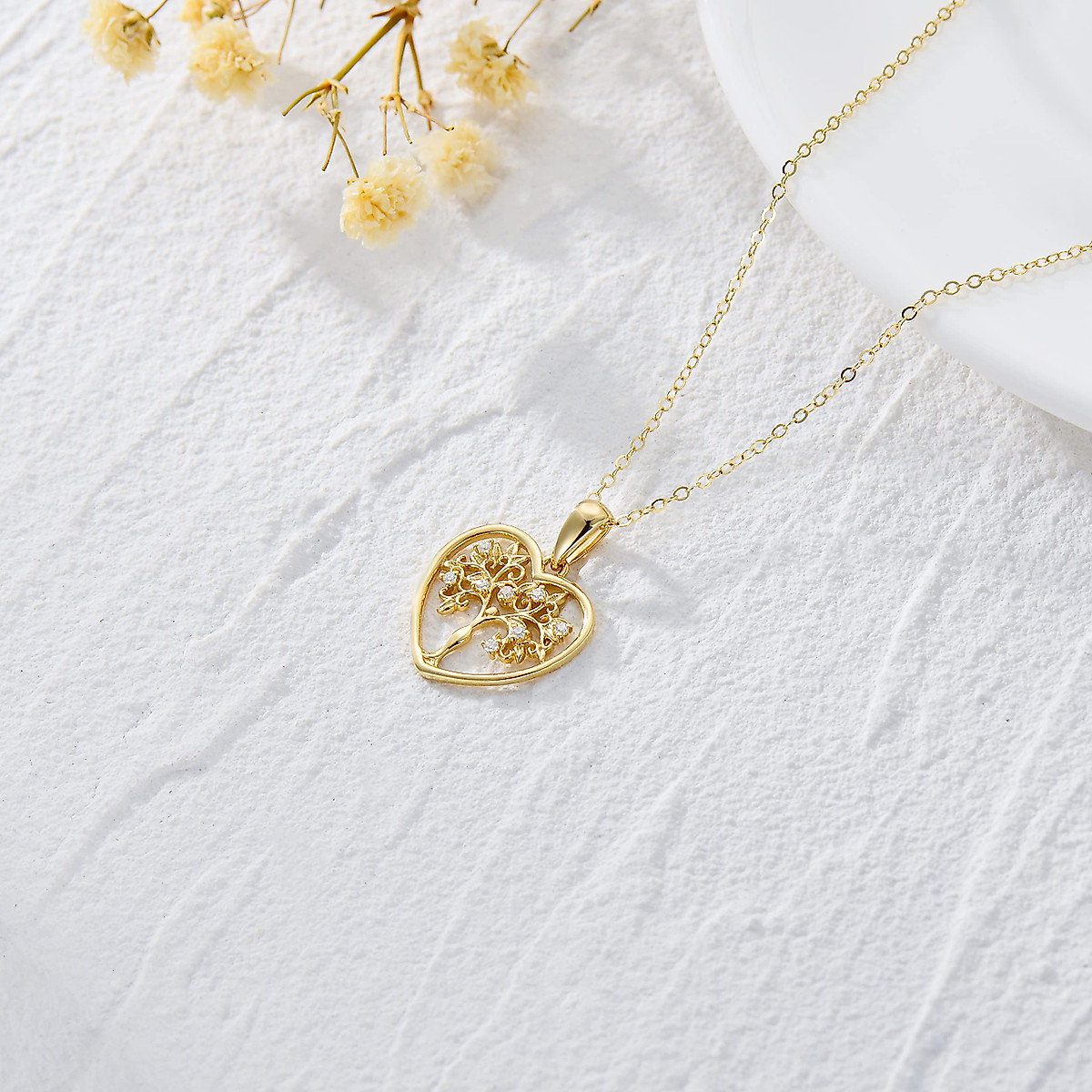 Ayafee 14K Solid Yellow Gold Tree of Life Necklace Dainty Pendant Necklace with Moissanite, Heart Necklace in 18 Inch for Women