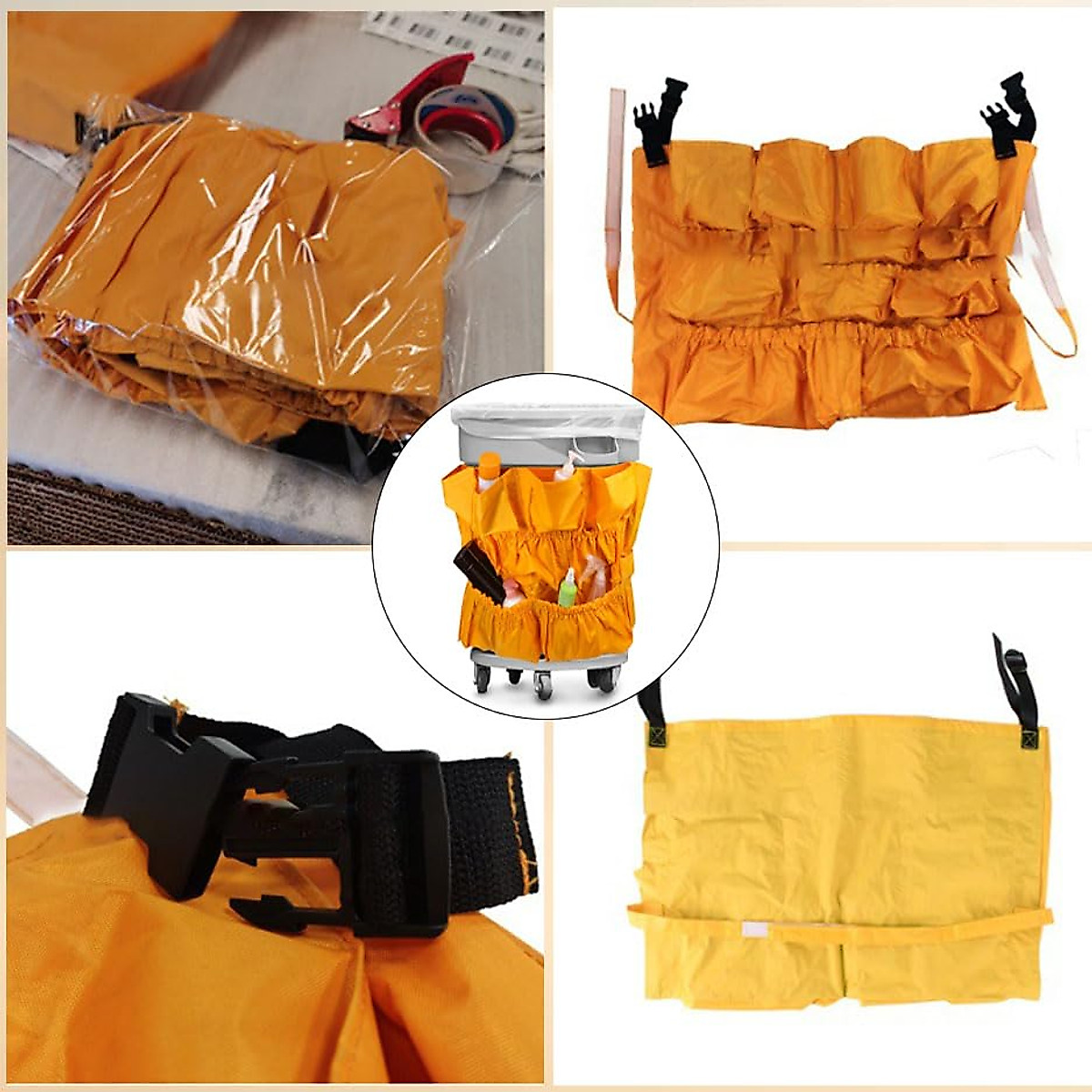 DDRAUY Yellow Trash Can Caddy Bags for Garbage Bins,10 Pockets Commercial Cleaning Caddy Bag,Fit 32-50 Gallon Can,Garbage Bin Caddy Organizer