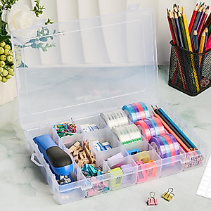 Mauproy 18 Grids Large Plastic Organizer Box with Adjustable Dividers, Clear Compartment Storage Container Tackle Box with Label Stickers for Beads, Crafts, Jewelries, Tools