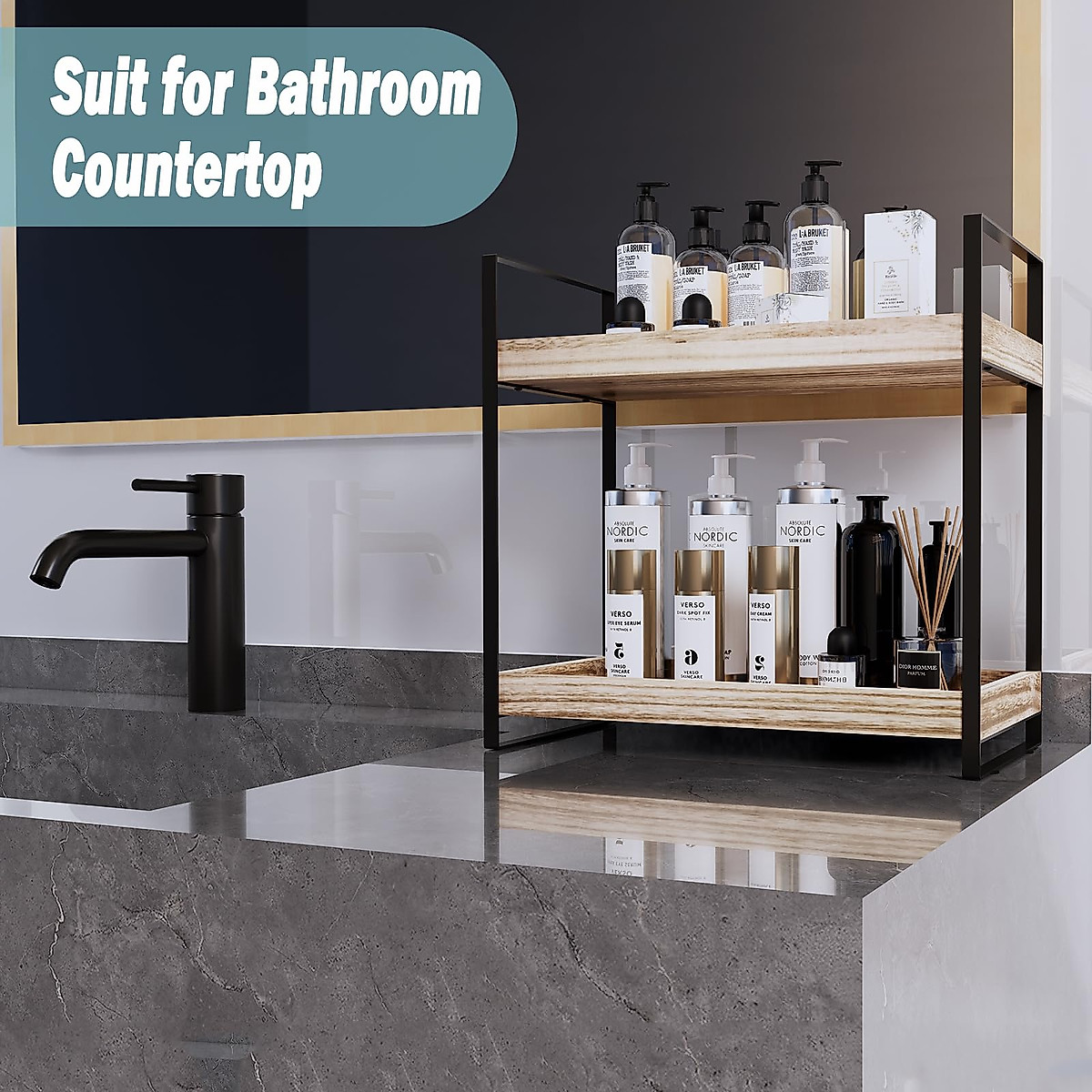 PUNMEYCOOL 2-Tier Bathroom Counter Organizer, Hidden Screw Holes Wood Countertop Organizer Shelf, Skincare Storage Tray for Vanity Counter Corner, Kitchen