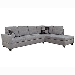 HOMVET Grey Linen Sectional Sofa Furniture Set, L-Shape Couch with Right Chaise, Storage Ottoman, and 2 Toss Pillows,for Living Room/Apartment/Office, Gray