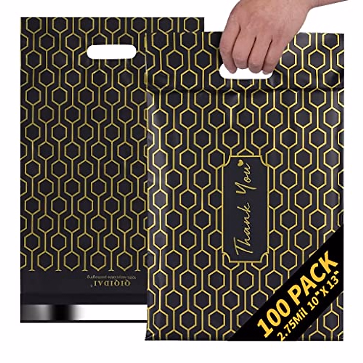 QIQIDAI Black Poly Mailers with Handle-100 Pack 2.75 Mil Thick-Easy to Carry Package Bags for Small Business, Thank You Shipping Bags for Clothing, Packaging Bags,Thank You Bags,Mailing Envelopes