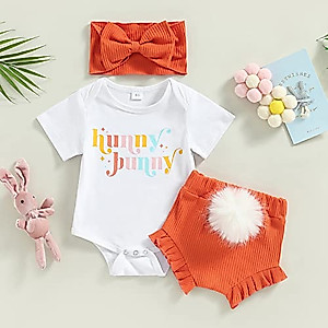 FIOMVA 3Pcs Easter Outfit Baby Girl Short Sleeve Hunny Bunny Romper Bodysuit Rabbit Shorts Headband My 1st Easter Clothes with tail