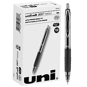 uni-ball 1736097 207 Needle Retractable Gel Pens, Medium Point (0.7mm), Black, 12 Count (Pack of 1)