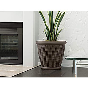 Suncast Willow 18 Inch Diameter Resin Decorative Wicker Patio Planter Pot, Java