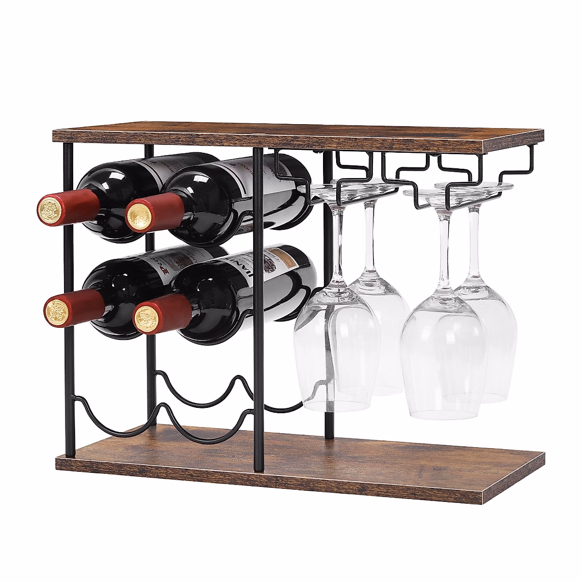 YBING Wine Rack Countertop Wine Holder Stand for 6 Wine Bottles and 4 Glasses Tabletop Small Wine Holder Wooden Wine Bottle Organizer for Kitchen, Bar, Wine Cellar, Cabinet (Brown)