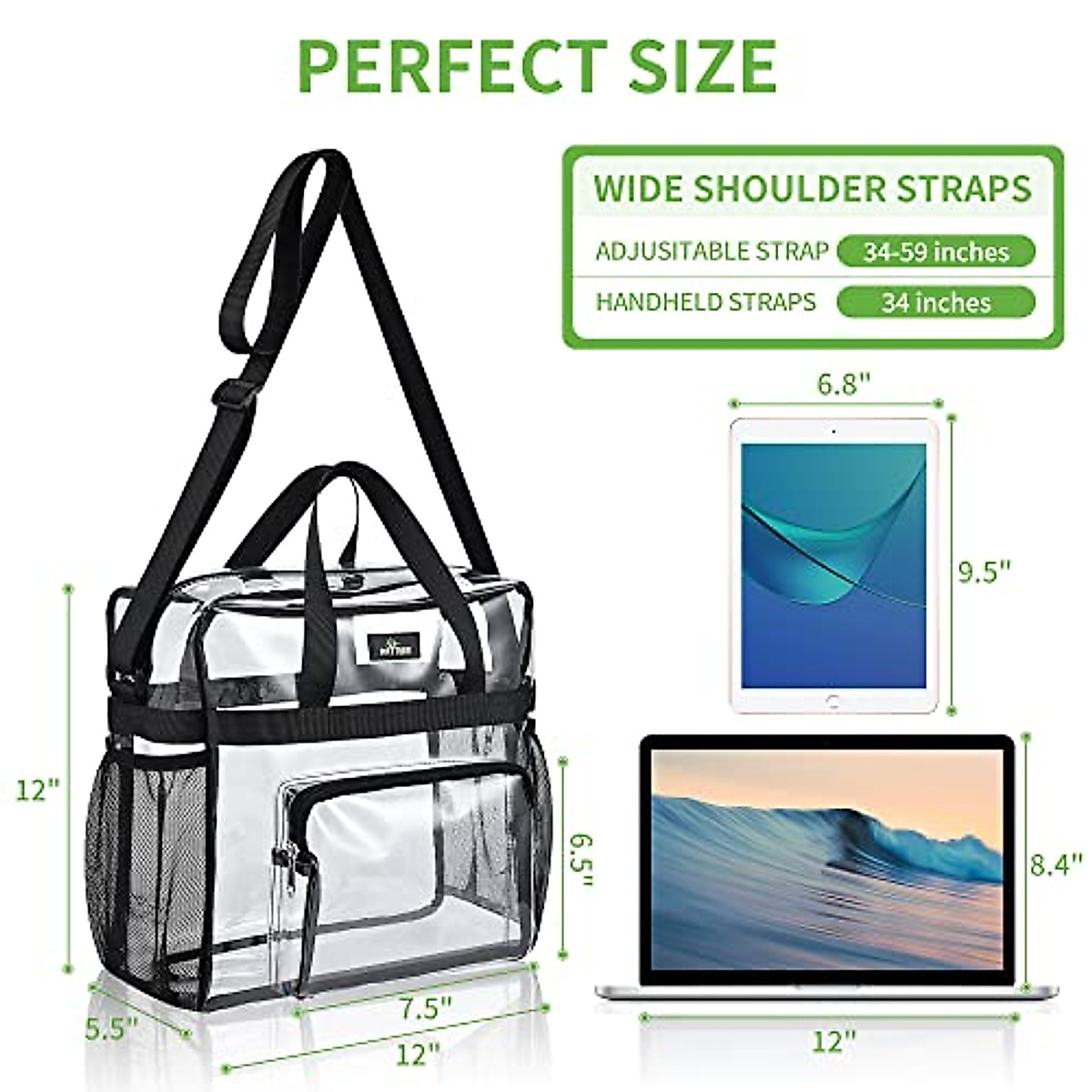 MAY TREE Clear Bag Stadium Approved 12×6×12, Clear Stadium Bag for Women and Men, Clear Lunch Bag for Work Travel Sport Office, Clear Tote Bag Stadium Approved with Non-Removable Straps - Black