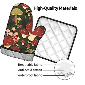 Vintage Mushroom Oven Mitts and Pot Holders Sets of 2, Non-Slip Cooking Hot Pads Washable Heat Resistant for Kitchen Microwave BBQ Baking Grilling