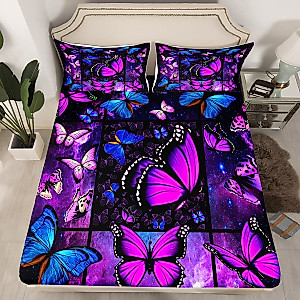 Purple Butterfly Bed Sheets Deep Pocket Queen,Mystic Galaxy Bed Sheet Set Blue Butterfly Bedding Sets For Kids Girls Teens Women,Psychedelic Starry Sky Fitted Sheet Aesthetics Flat Sheet 4 Pcs