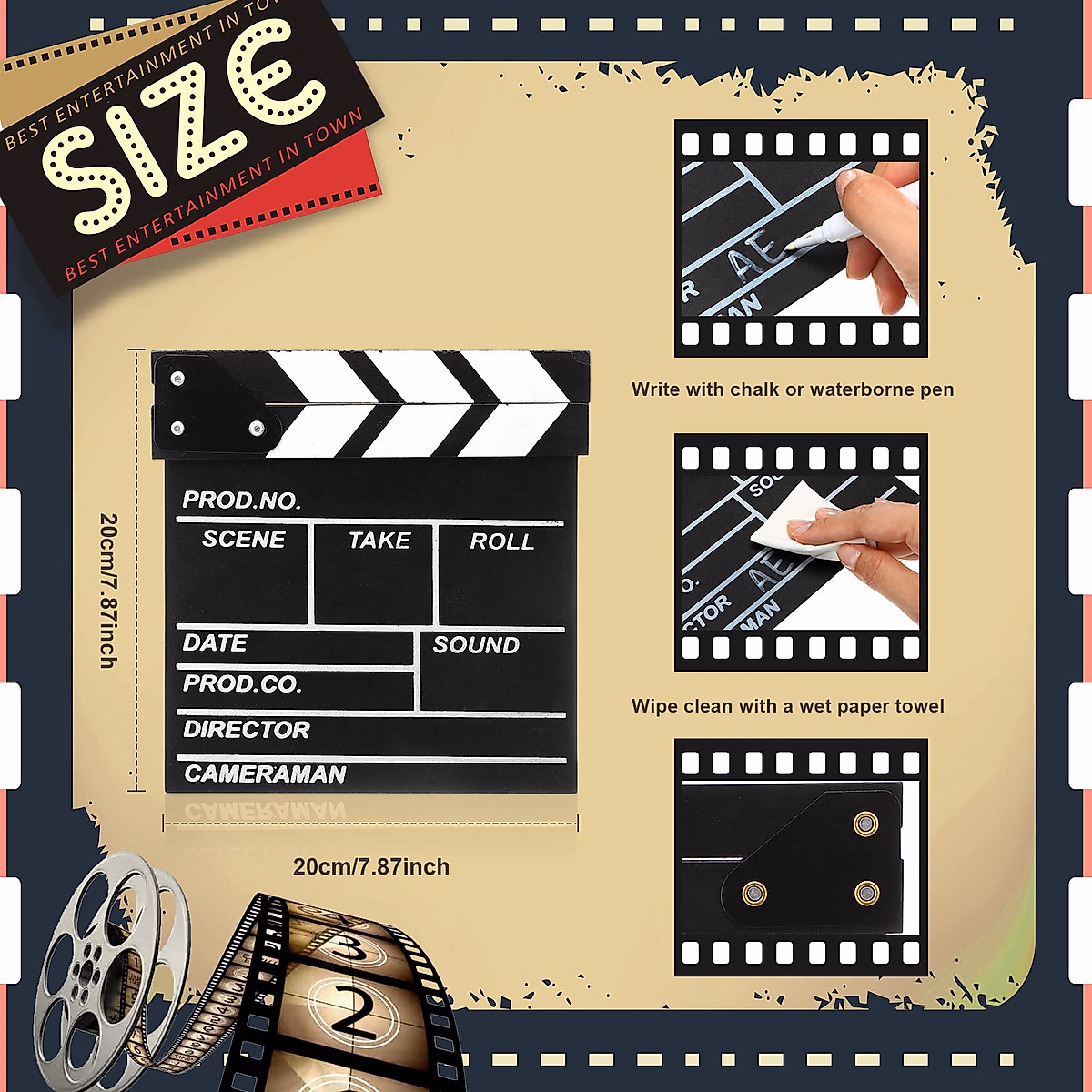 Movie Theater Decor Movie Film Clap Board Movie Clapper Board Accessory and Marquee Light LED Star Sign Movie Props for Movie Night Decorations Party Supplies