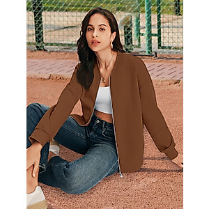 MEROKEETY Womens Fall Zipper Sweatshirt Long Sleeve Running Workout Jacket with Pockets, Brown, Large
