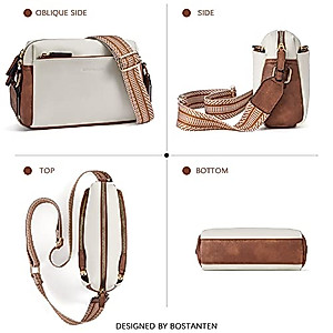 BOSTANTEN Small Crossbody Purse for Women Triple Zip Cell Phone Leather Shoulder Handbag with Wide Guitar Strap Beige with Brown