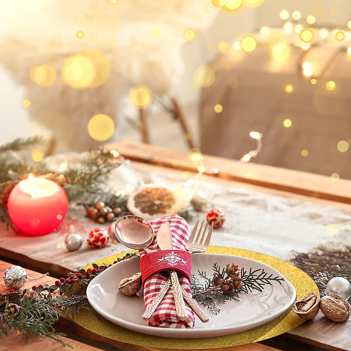 Datyiiha 50 Pieces Gold Glitter Paper Place Mats Sparkle Round Disposable Table Mats Golden Sequin Doilies Decorative Placemats for Wedding Banquet Party Home Dining Tableware