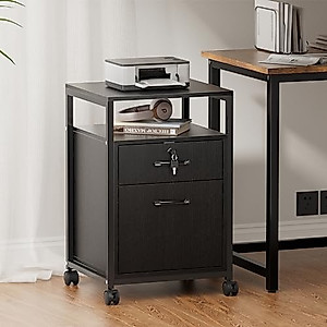 Warmiehomy File Cabinet with Lock 2 Drawer Rolling Filing Cabinet with Open Shelf Locking File Cabinet on Wheels Wood File Cabinet for Home Office fits A4/Letter/Legal Size (Black)