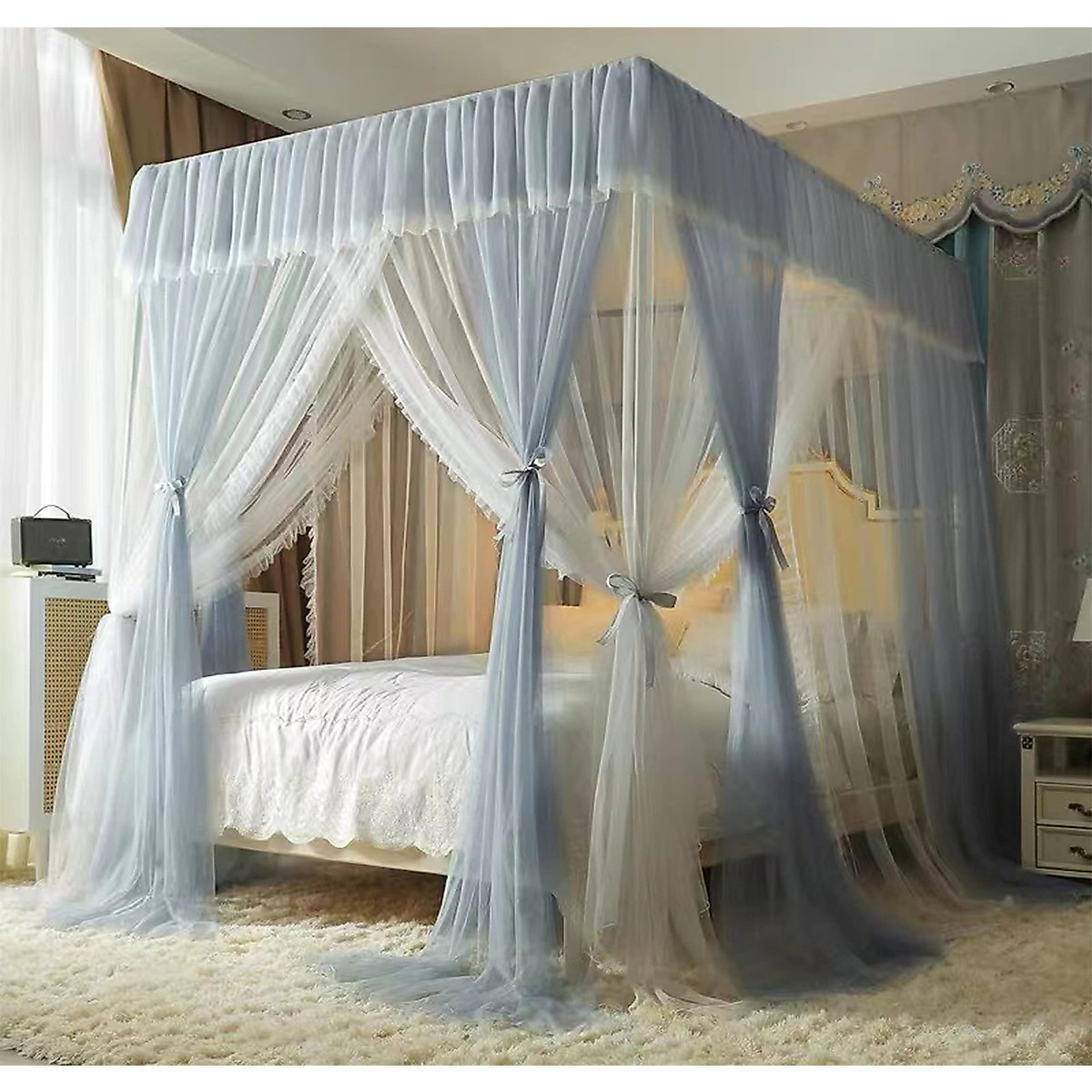 Stainless Steel Canopy Bed Frame Queen Size, Bed Post Poles Bed Canopy Frame, Thicken Bed Frame Bracket for Metal Bed Wood Bed Mosquito Curtains Bedroom Decor