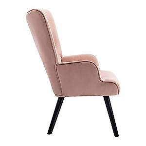 Dolonm Velvet Accent Chair Modern Tufted Button Wingback Vanity Chair with Arms Upholstered Tall Back Desk Chair with Solid Wood Legs for Living Room Bedroom Waiting Room(Dusty Pink)