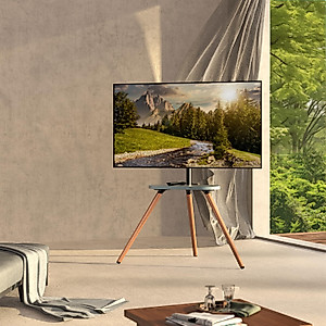 PUTORSEN Easel TV-Stand for 43-65-Inch Screens - Portable Swivel Tripod TV Stand with Wooden Tray, Height Adjustable TV Floor Stand, Max Load 77 lbs, Max VESA 400x400 mm, Black