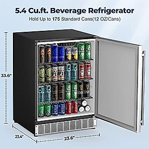 COTLIN 24 Inch Built-in Outdoor Refrigerator, 5.4 Cu.Ft Undercounter Beverage Fridge, 175 Cans Freestanding Stainless Steel Refrigerator for Residential Home Bar Commercial Use, ETL, Silver