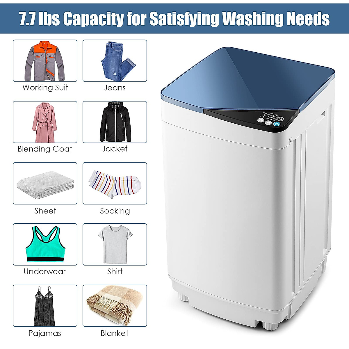 Casart Washing Machine Portable Washer W/ 7.7 Lbs Weight Capacity Washer and Dryer Full Automatic Washing Machine (Blue&White)