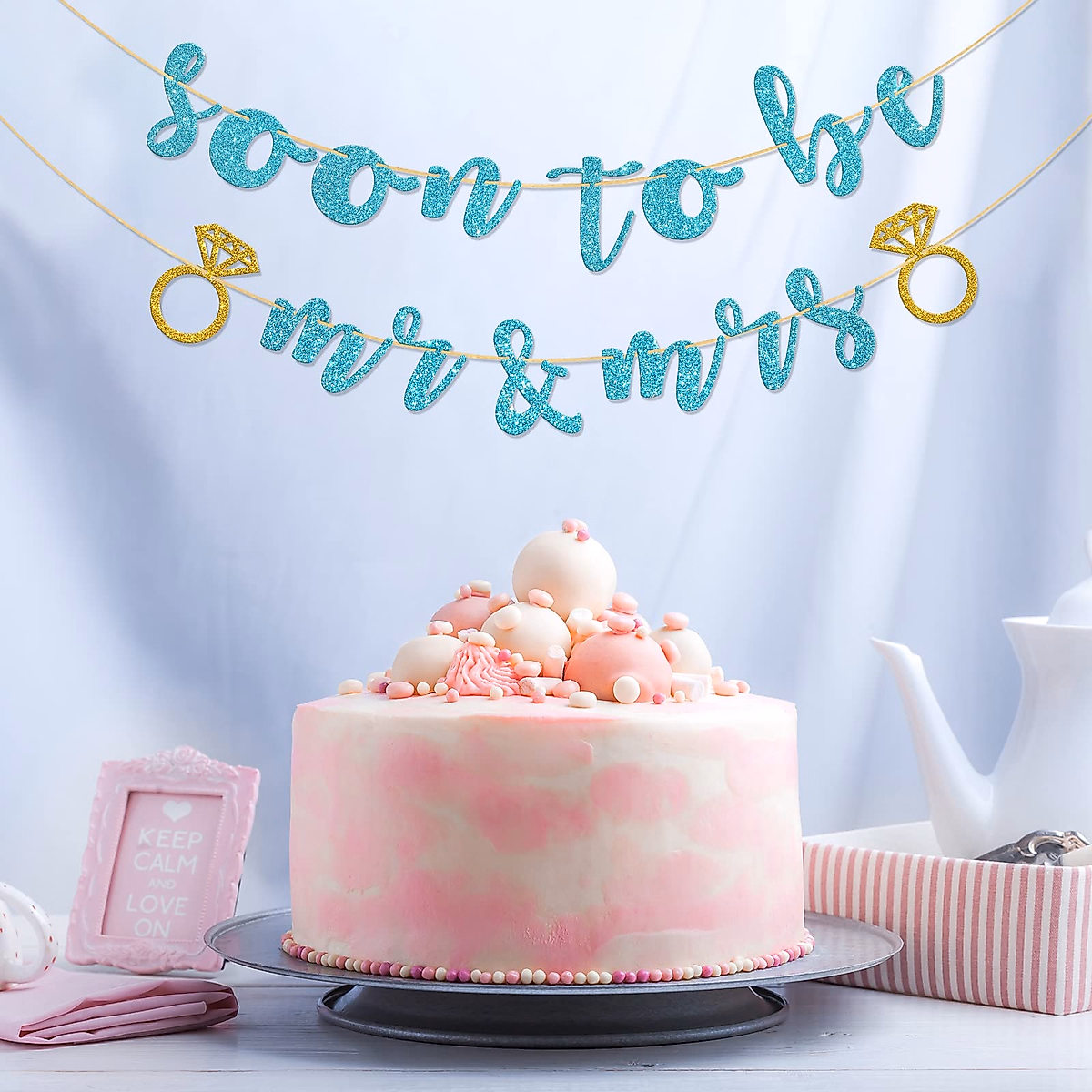 Halodete Soon to Be Mr & Mrs Banner, Engaged Banner, Bridal Shower, Wedding Party Garland Bunting Decorations - Sky Blue Glitter