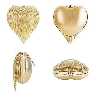 Women Heart Shape Crystal Tassel Evening Clutch Purse, Single-Sided Rhinestones Lady Party Wedding Crossbody Shoulder Ring Handle Handbag (Gold)