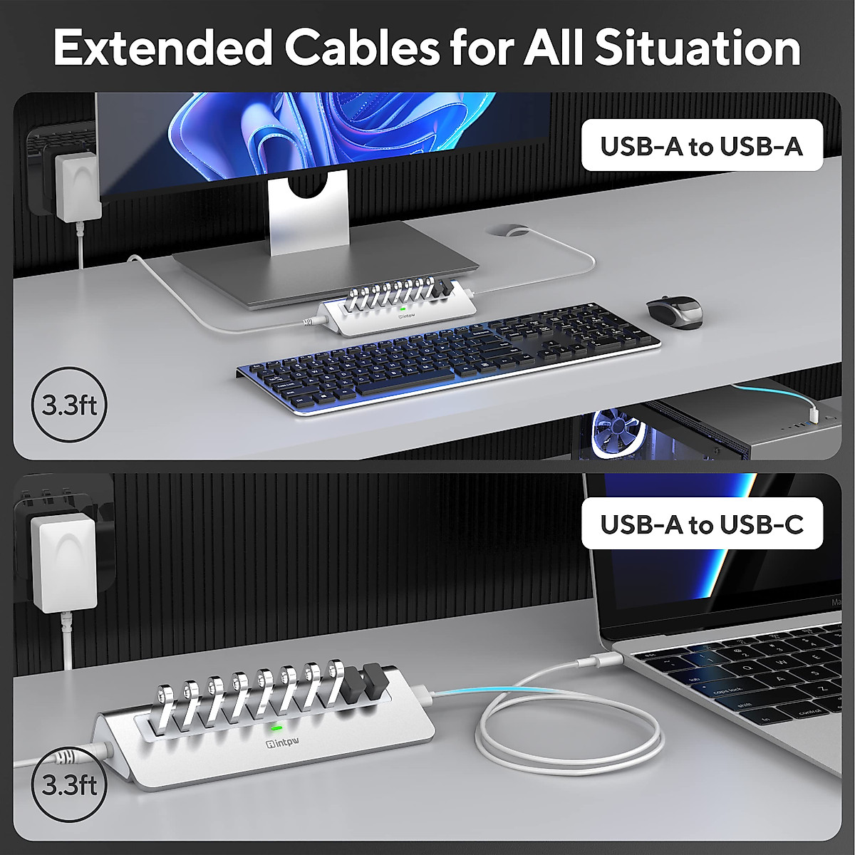 Powered USB Hub, intpw 10 Port USB 3.1 Hub with 10Gbps Data Transfer, 30W(12V/2.5A) Power Adapter, USB Type A and Type C Cable, Aluminum USB Power Hub for Laptop, MacBook and Desktop Computer