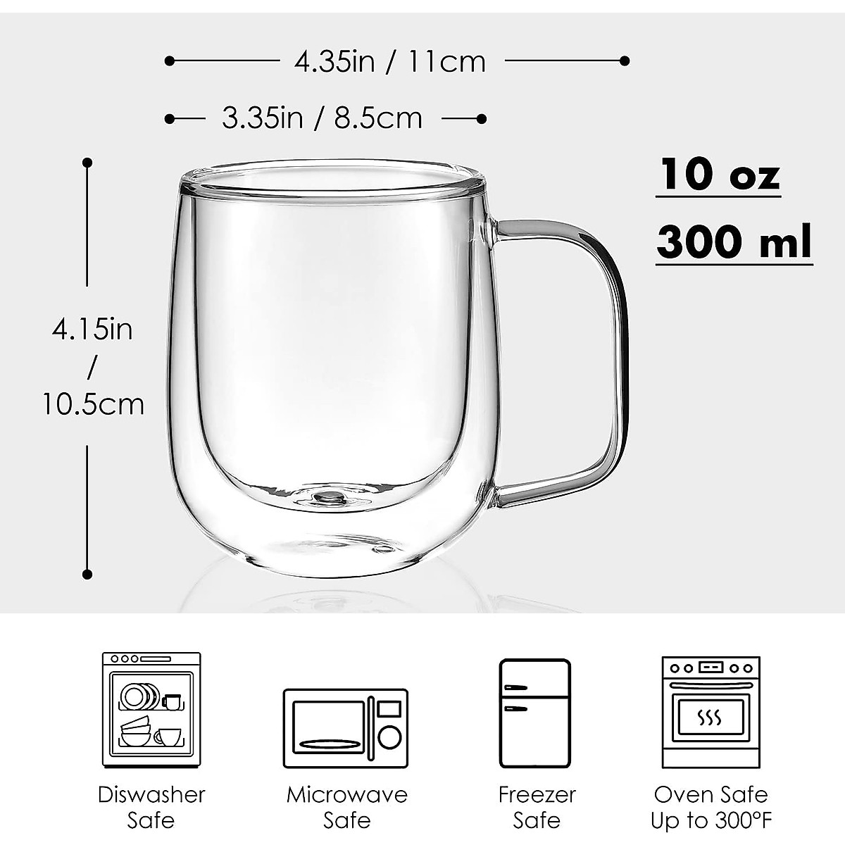 vzaahu Double Wall Insulated Coffee Mugs with Handle [2-Pack,10 Oz] Clear Glass Coffee Mug Set for Cappuccino Glasses Tea Cups Latte Beverage, Glasses Heat Resistant Dishwasher Microwave Safe