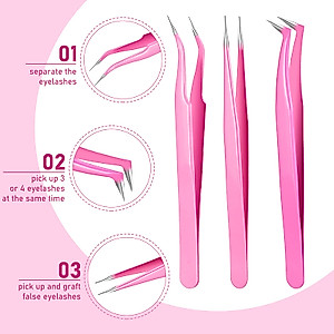 Honoson 6 Pieces Lash Eyelash Extension Tweezers Set Stainless Steel Eyelash Tweezers Straight and Curved Tip Tools Set Tweezers Nipper for Women Eyelash Extensions(Silver, Pink)