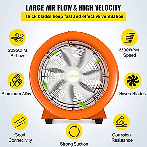 VEVOR Utility Blower/Exhaust Axial Hose Fan, 12 Inches, 3900 m3/h High Velocity Portable Ventilator, Low Noise Extractor Fan Blower with 16 ft / 5 m Duct Hose