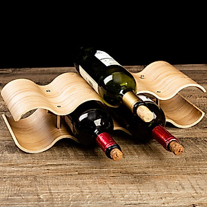 Asian Home 7 Bottle 2-Tier Wave Desktop Wine Rack Freestanding Countertop Bottle Holder for Wine Storage, Wood, Modern and Minimalist
