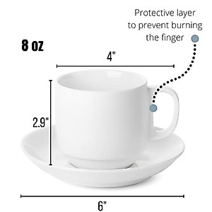 BTaT- Stackable Tea Cups and Saucers, White, Set of 6 (8 oz), Cappuccino Cups, Coffee Cups, White Tea Cup Set, British Coffee Cups, Porcelain Tea Set, Latte Cups