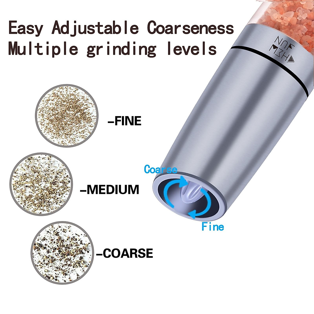 Gravity Salt and Pepper Grinder Set with Adjustable Coarseness Automatic Pepper and Salt Mill Set Battery Powered with Blue LED Light,One Hand Operated,Brushed Stainless Steel by CHEW FUN