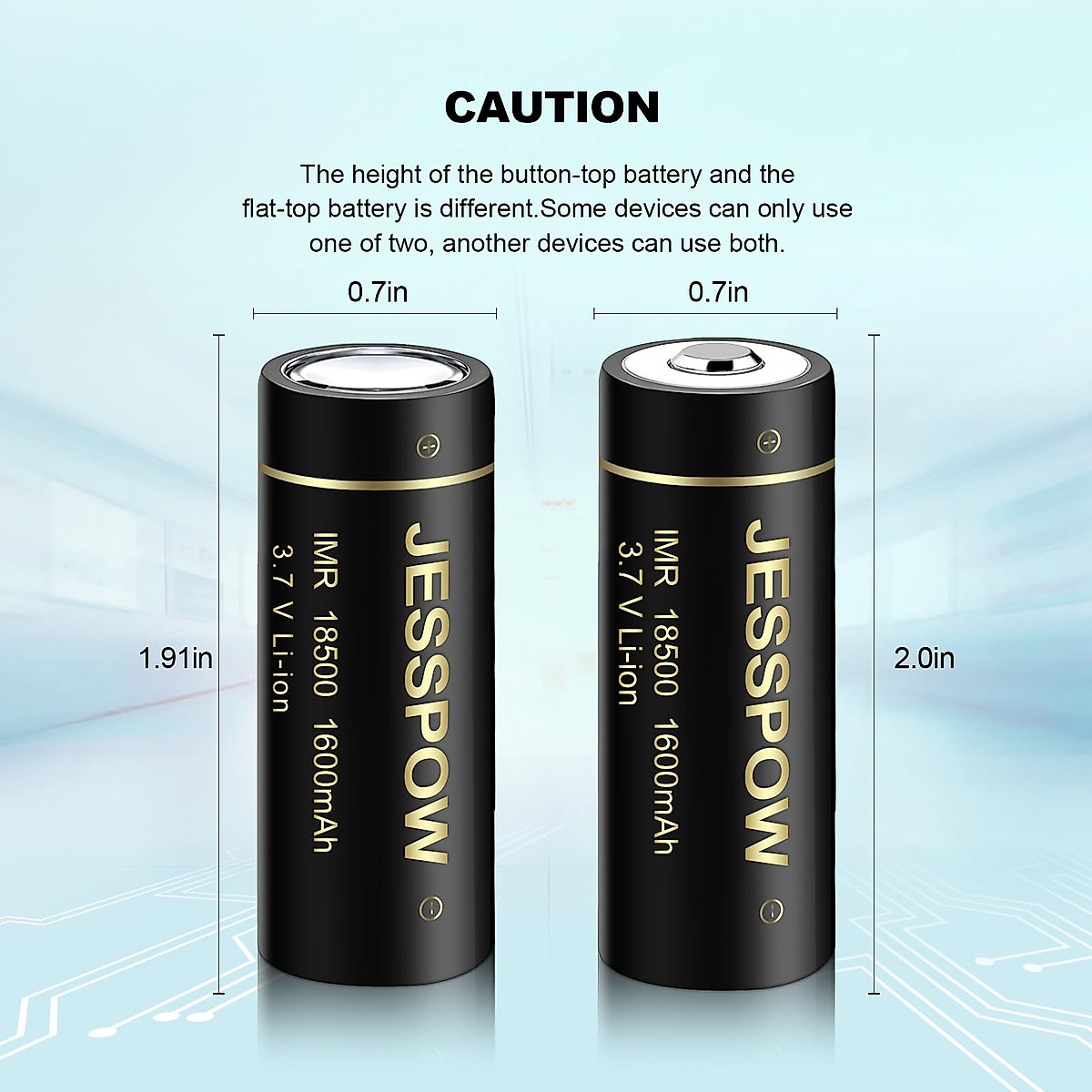 JESSPOW 18500 Rechargeable Batteries with Flat Top, IMR 18500 Rechargeable Li-ion Battery 1600mAh 3.7V for Flashlight, Solar Garden Light (4 Pack)