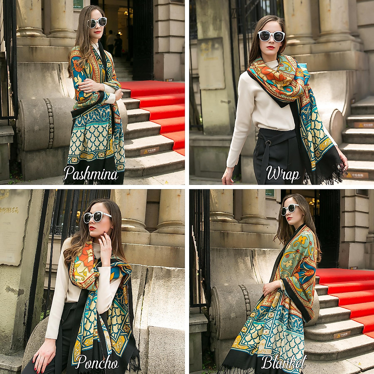 DANA XU 100% Merino Wool Extra Large Pashmina Blanket Travel Scarf Cashmere Wrap for Women Fall Winter Oversize Shawl Floral