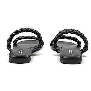 Soda VAULT Women's Square Open Toe Flat Sandals Braided Strap Slip-on Slides Woven Sandals (5.5, BLACK PU, numeric_5_point_5)