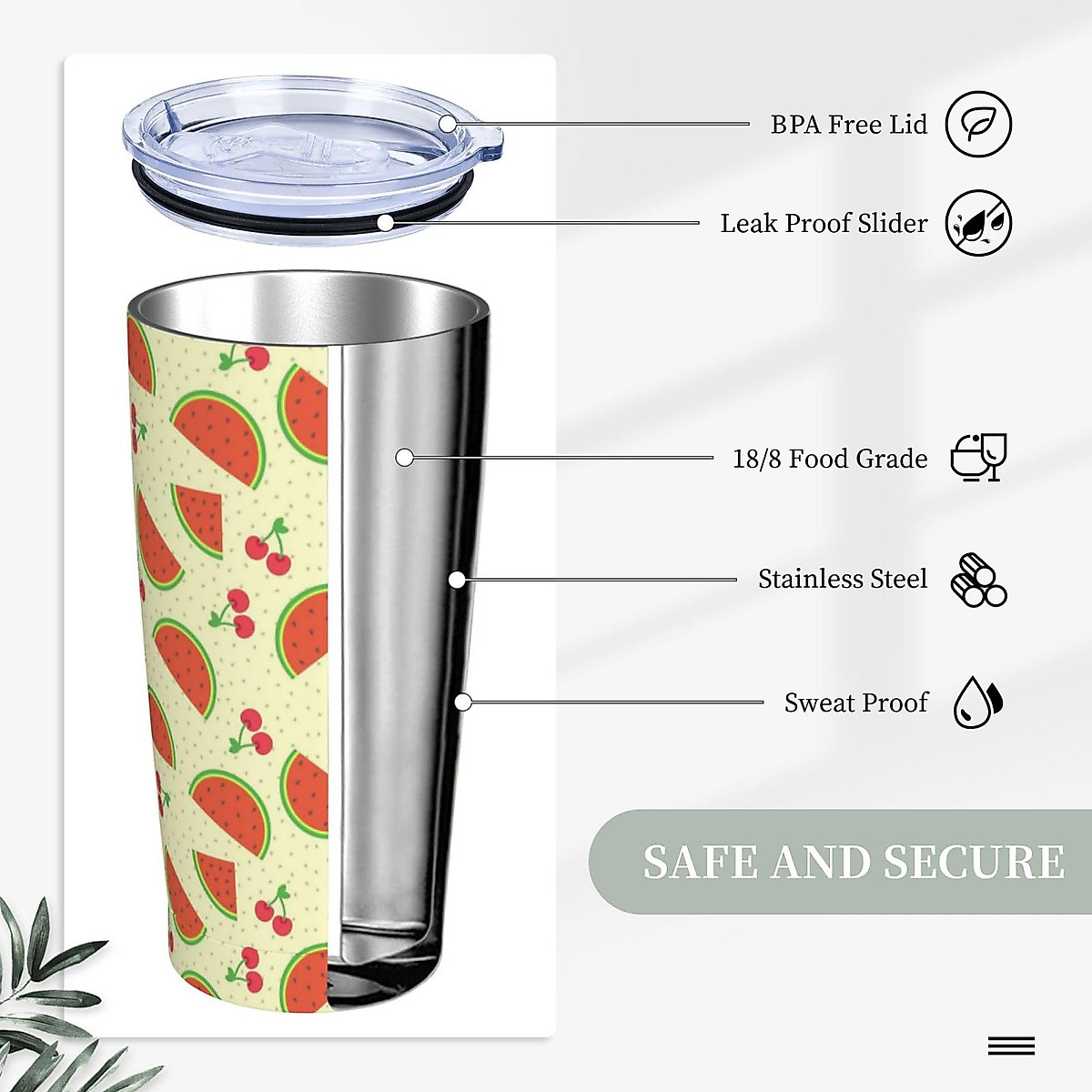 Yaxongx 20oz Tumbler Watermelon Cherry Double Wall Vacuum Insulated Coffee Mug with Lid and Metal Straw Brush Reusable Stainless Steel Water Bottle Travel Cup Gifts for Car Ice Drinks Hot Beverage