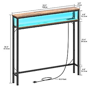 Tohomeor 5.9" Narrow Console Sofa Table with Power Outlets Led Light Sofa Skinny Behind Couch Table with Shelves Metal Frame and Charge Station (1, Rustic Brown)
