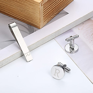 LOYALLOOK Classic Engraved Initial Cufflinks and Tie Clip Bar Set Alphabet Letter Formal Business Wedding Shirts R