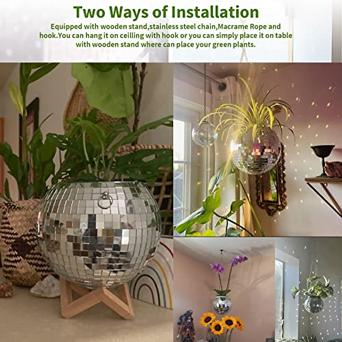 Veramz Disco Ball Planter 8" - Hanging Disco Ball Planter Pot with Macrame Rope Chain and Wooden Stand - with Drainage Hole and Plug - Mirror Ball Disco Decor Hanging Planter for Indoor Plants(Silver)