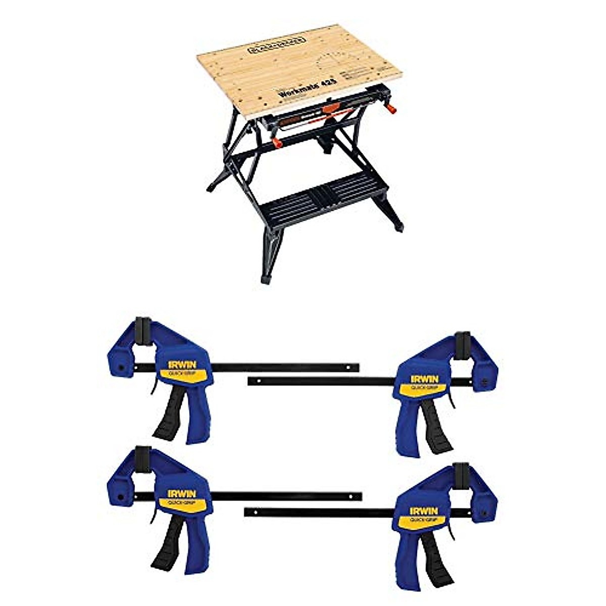 BLACK+DECKER Portable Workbench, Project Center and Vise with IRWIN QUICK-GRIP Clamps, One-Handed, Mini Bar, 6-Inch, 4-Pack (WM425-A & 1964758)
