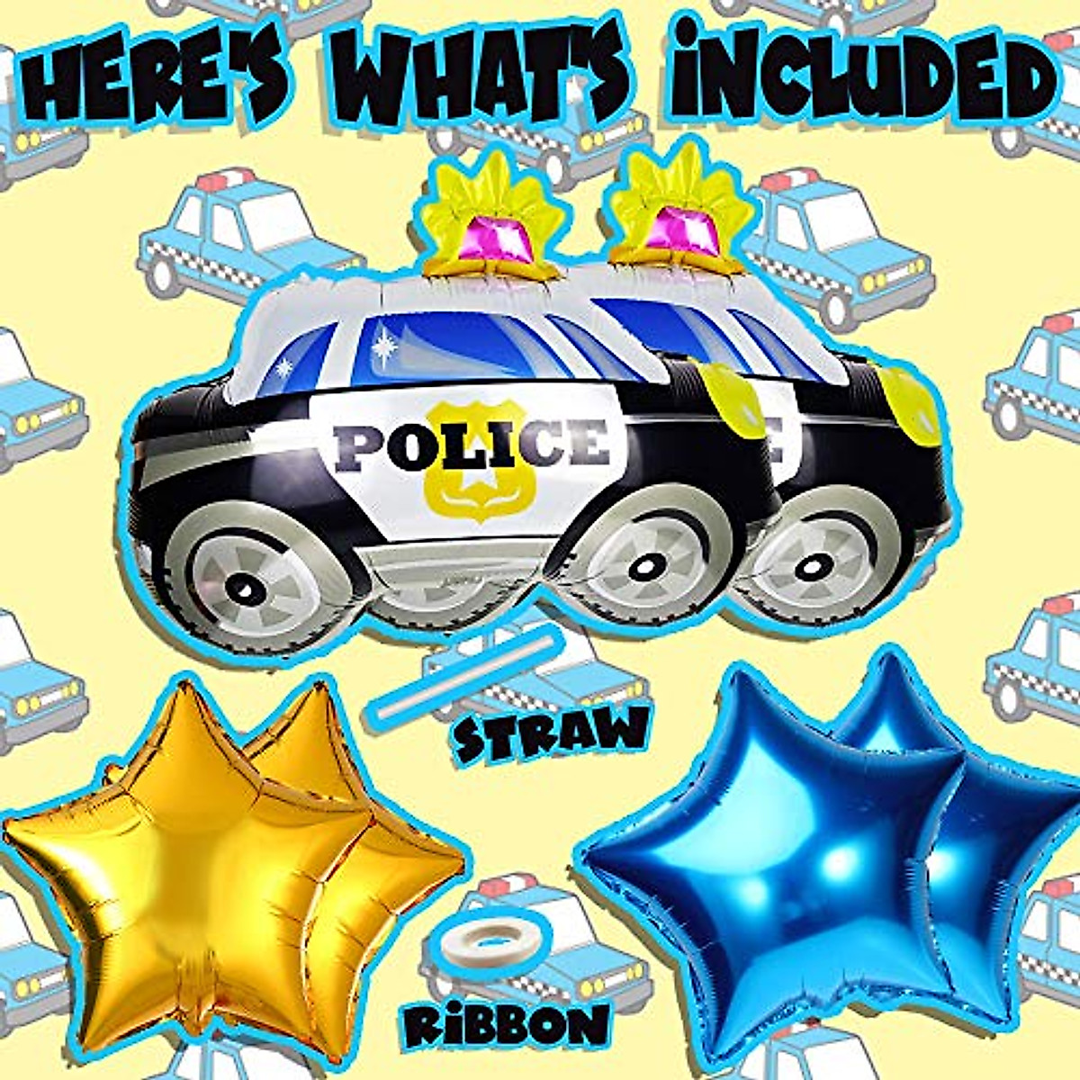 OMG Party Factory - Police Party Balloons | Police Car Themed Birthday or Academy Graduation Decorations Mylar Foil Helium Balloon Decor | Large Officer Balloon Supplies Set in Blue