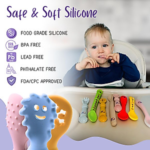 Silicone Baby Spoons - Set Baby Spoons Self Feeding – 8Pcs Food Grade Infant Spoons Baby Eating Supplies with Finger Toothbrush, Travel Case – Cute and Colorful Silicone Baby Spoon for Boys and Girls
