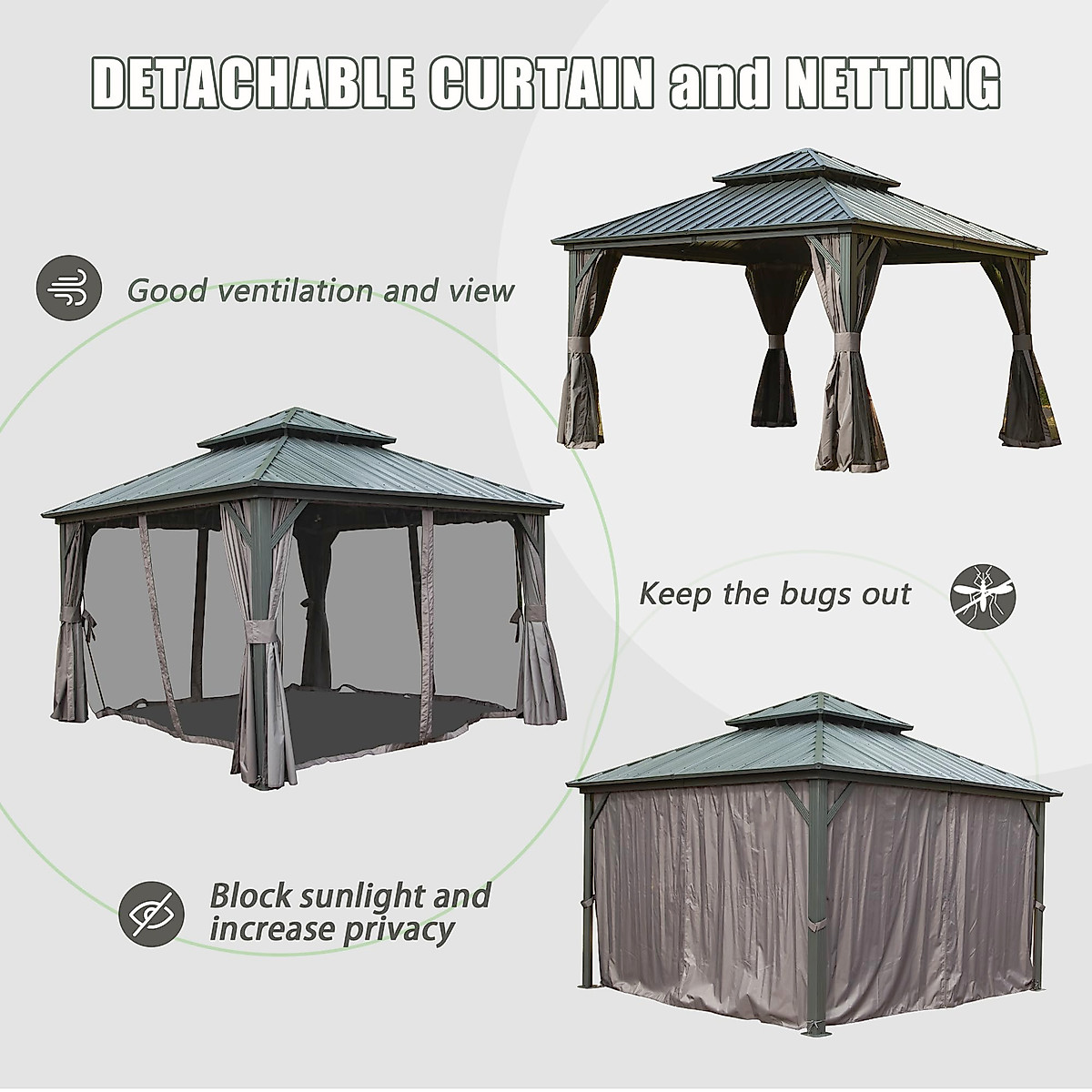 Domi Hardtop Gazebos 12x12FT, Aluminum Metal Gazebo with Galvanized Steel Double Roof Canopy, Curtain and Netting, Permanent Gazebo Pavilion for Patio, Backyard, Deck and Lawn, Grey