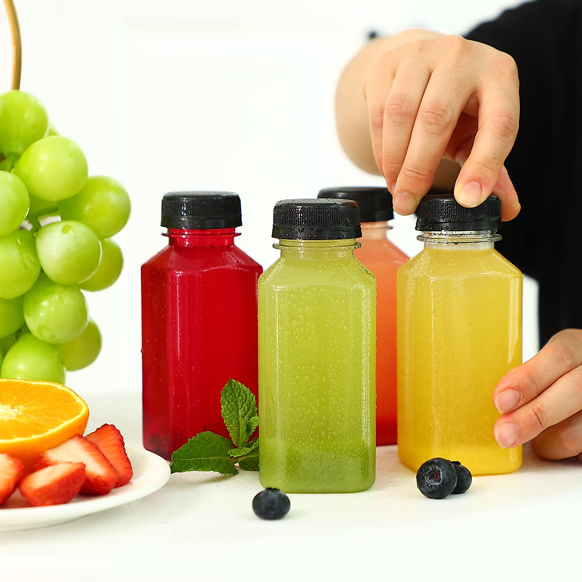 Moretoes 16pcs 8oz Plastic Juice Bottles with Caps, Reusable Juicing Bottles for Juice Milk Smoothie and Other Beverages