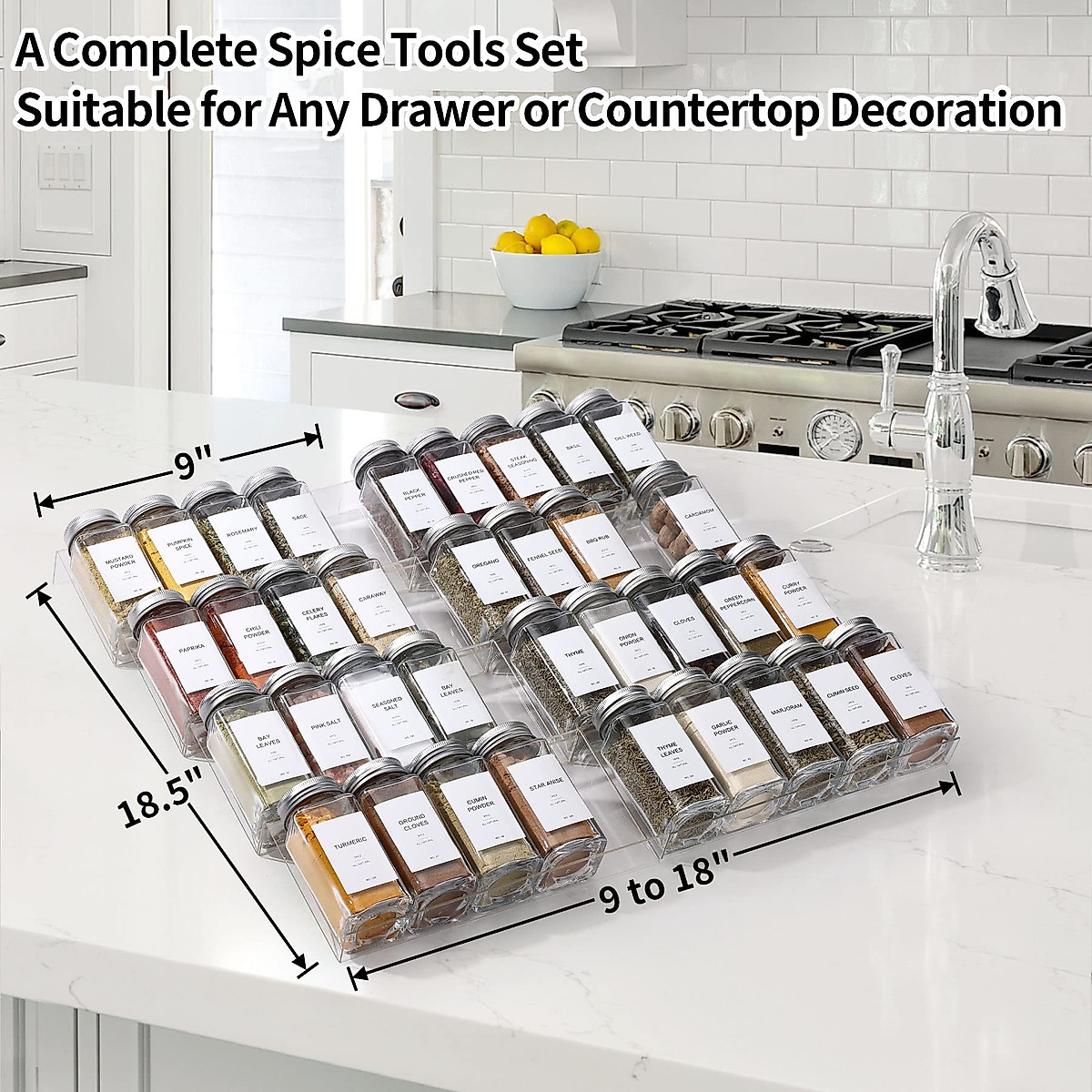 Brippo Spice Drawer Organizer with 35 Spice Jars, 328 Labels, Sift and Pour Shake Lids with Airtight Aluminium Caps, 4 Tier (2 Set) Clear Acrylic Drawer/Countertop Tray Rack with Seasoning Containers