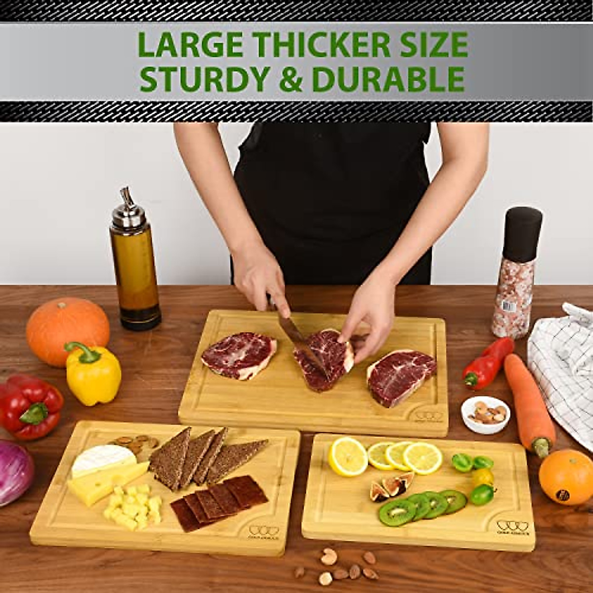 Gold Armour Bamboo Cutting Board, (Set of 3) Kitchen Chopping Boards for Meat Cheese and Vegetables, Heavy Duty Butcher Block