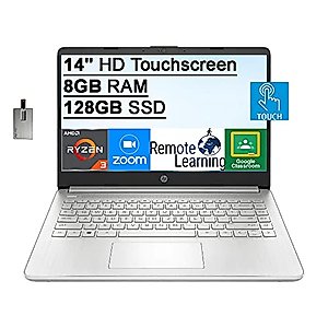 2022 HP 14" HD Touchscreen Laptop Computer, AMD Ryzen 3-3250U Processor, 8GB RAM, 128GB SSD, HD Audio, 720p HD Webcam, AMD Radeon Graphics, Bluetooth, HDMI, Windows 11, Silver, 32GB SnowBell USB Card