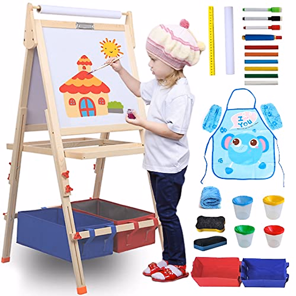Art Easel for Kids,Standing Kid's Art Easel,Kids Easel with Magnetic Chalkboard & White Board,Kids Art Easel with Paper Roll