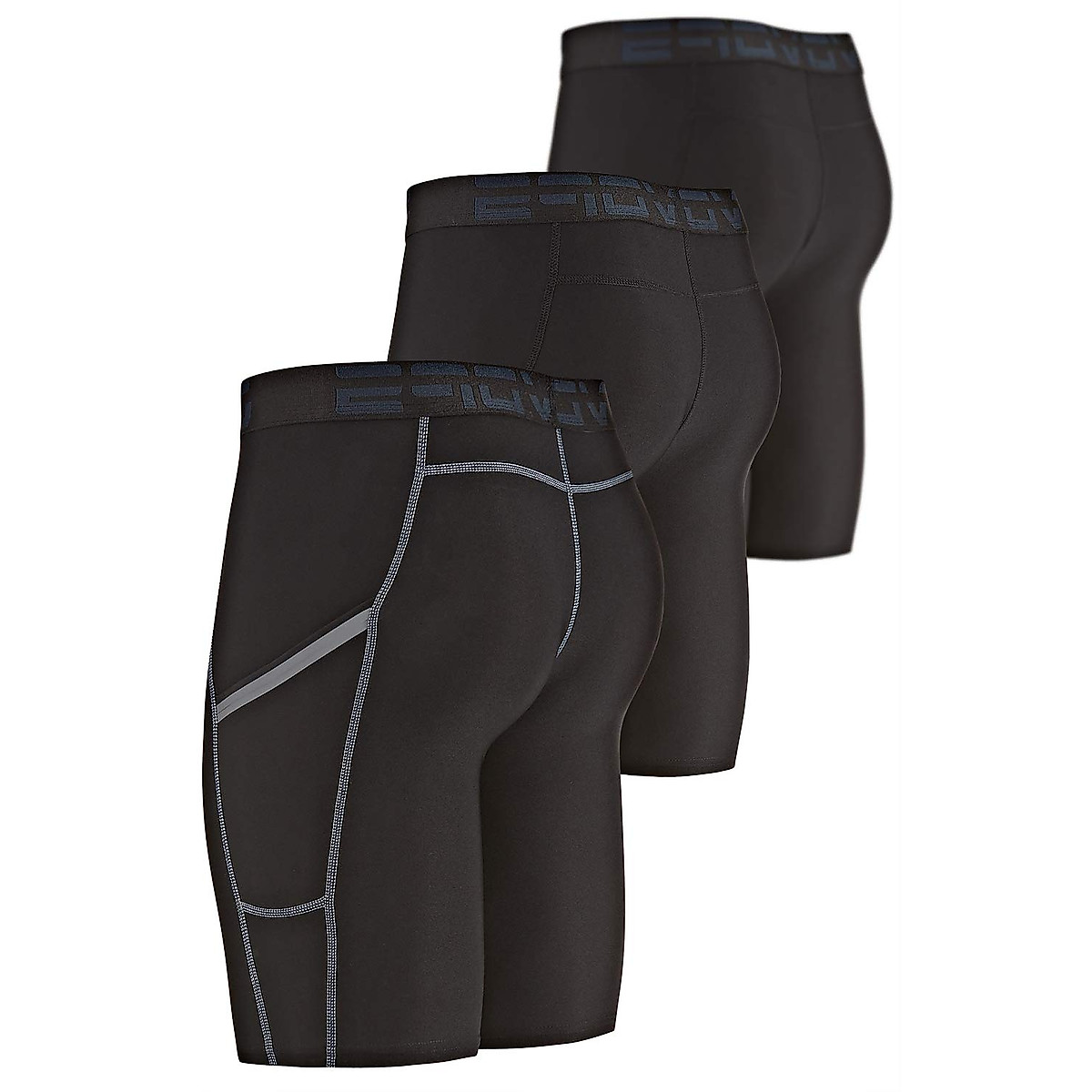 DEVOPS Men's Compression Shorts Underwear with Pocket (3 Pack) (Large, Black/Black/Black)