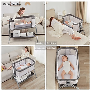 Baby Bassinets,Bedside Sleeper for Baby, Easy Folding Bedside Crib 7 Height Adjustable with All Mesh Baby Bed for Infant Newborn Girl Boy (Light Grey)